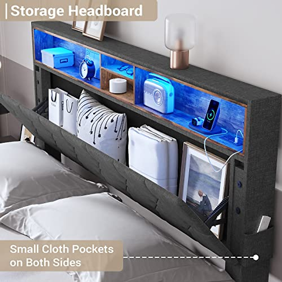 Tiptiper LED Bed Frame Queen Size with Outlets and USB Ports, Queen Bed Frame with Headboard Storage, Button Tufted Platform Bed with LED Lights, No Box Spring Needed, Easy Assembly, Dark Grey