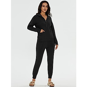 DEEP SELF Black Two Piece Sweater Set for Women Half Zip V Neck Pullover High Waist Sweatpants Knit Pajamas Set