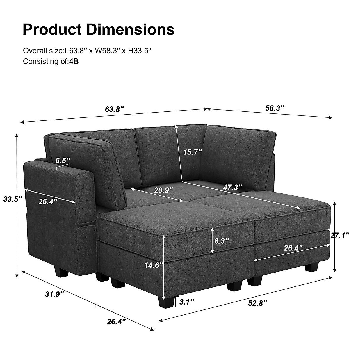 Belffin Modular Sofa Bed Sectional Sleeper Sofa Convertible Sectional Couch Bed Set Reversible Chaise Dark Grey
