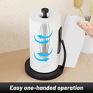 VEHHE Paper Towel Holder Countertop, Black Paper Towel Holder with Spring Activated Arm and Silent Damping Effect, Simply Tear Paper Towel Stand for Bathroom and Kitchen (Black)