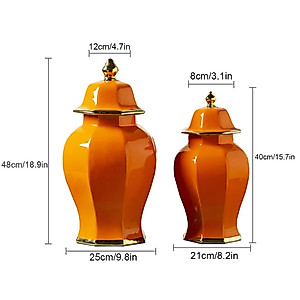 Handmade Orange Hexagon Ginger Jar Vase Ornament, Home & Living Room Decorative Jar, Gold-Plated Ceramic Temple Jar (Size : Small)