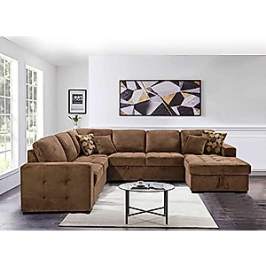 Cotoala 123" U-Shaped Sectional Sofa with Pull Out Sleeper Bed and Storage Chaise Lounge, 6 Seat Large Couch w/ 4 Throw Pillows for Livingroom, Save Space Design, Brown