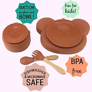 Red Panda Bamboo Silicone Suction Plate and Bowl Set with Spoon and Fork BPA Free Divider Kids Plate Bear Plate Bear Bowl Animal plate Microwave Safe Dishwasher Safe