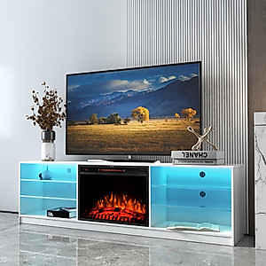 Fireplace TV Stand with 27" Electric Fireplace, Modern LED Light Entertainment Center and Media Console with 6 Storage Cabinets for Living Room,with Highlight Storage Cabinet for TVs Up to 80" (White)