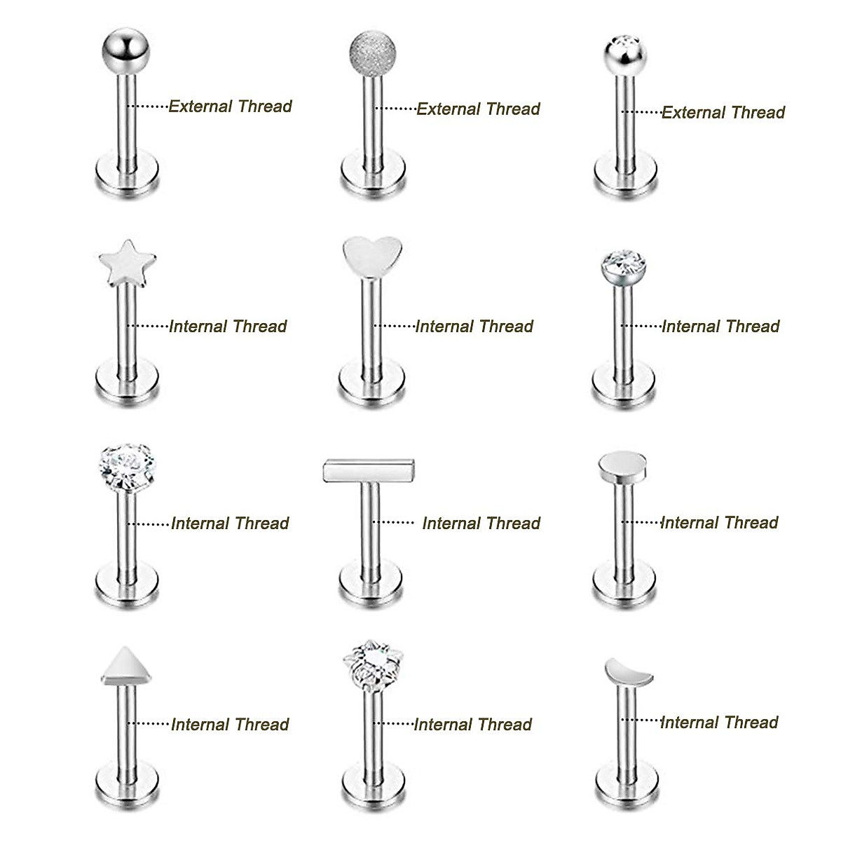 Masedy 24Pcs 16G 316L Stainless Steel Labret Monroe Lip Ring Studs CZ Cartilage Helix Tragus Piercing Studs 6MM