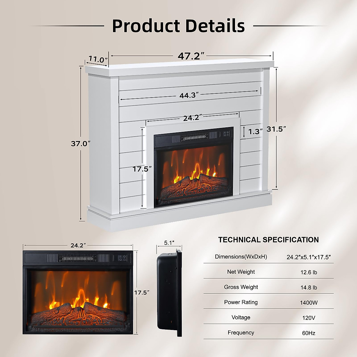 Electric Fireplace Mantel with 23" Electric Fireplace Insert, Package Freestanding Firebox TV Stand Corner Firebox with Log & Remote Control, 750W-1500W, White Stripes