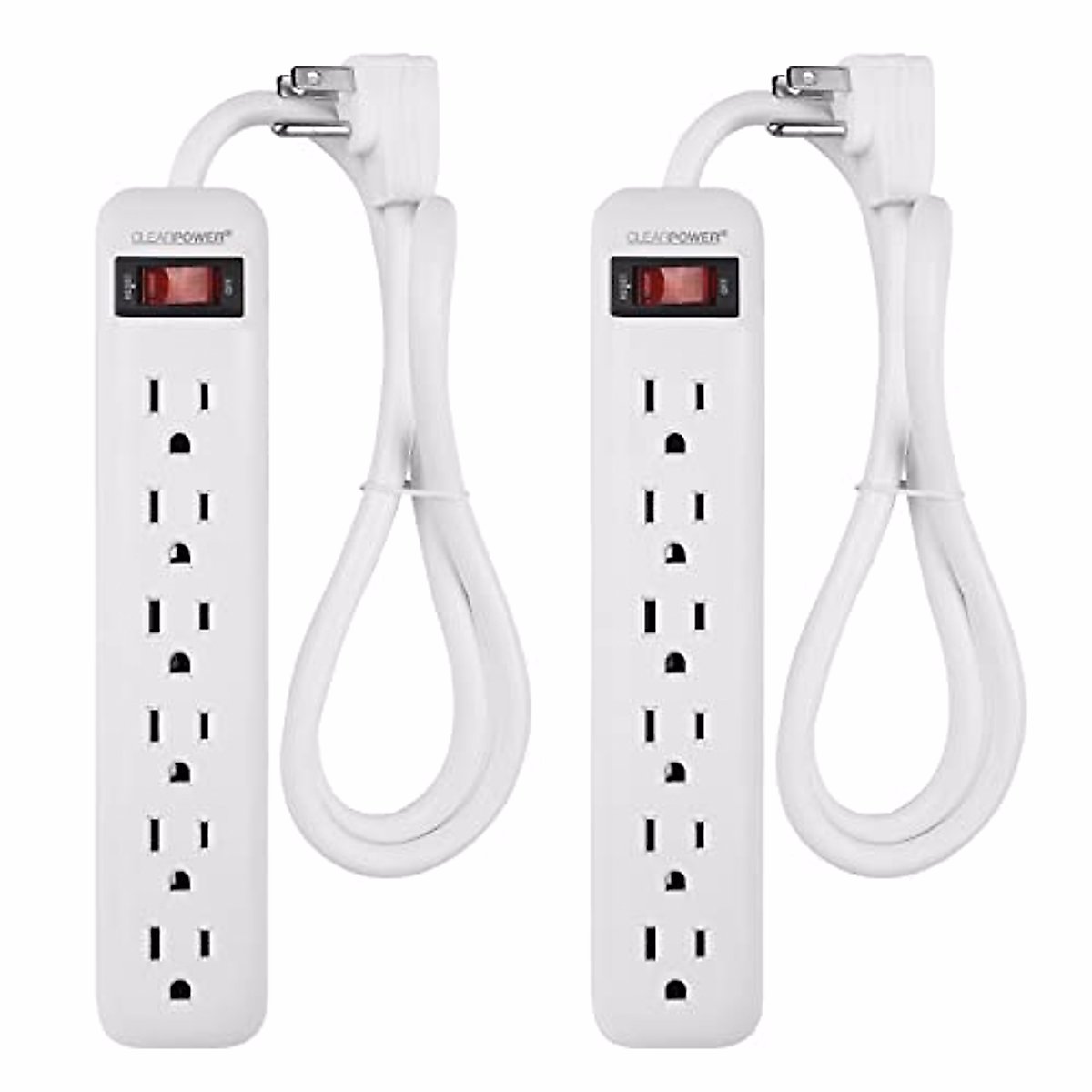 Clear Power 6 Outlet Power Strip 3 ft Power Cord, Low-Profile Flat Plug, 3-Prong Grounded, White, 15 Amp Circuit Breaker, 2 Pack, DC3S-00222P-DC