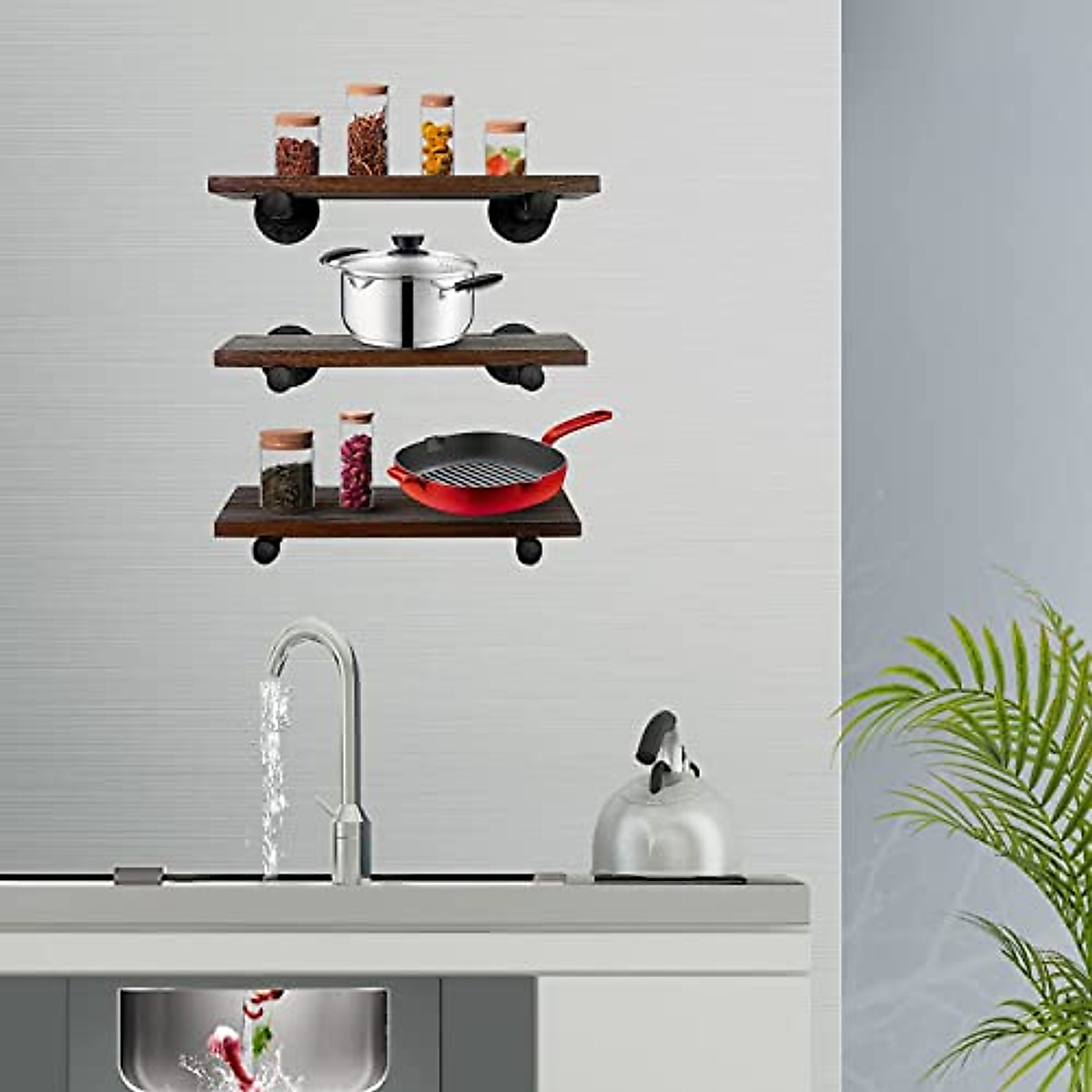 MANTE BLONG QTSARTISAN Floating Shelves with Industrial Pipe Brackets Rustic Set of 3, Wall Mounted Wood Shelving Storage Home Decor for Living Room Bedroom Bathroom Kitchen Office 17" x 7.1", Brown