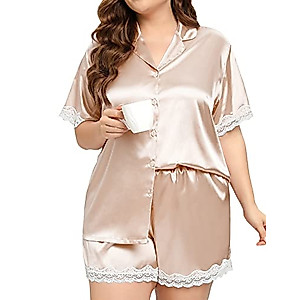 SWOMOG Satin Plus Size Pajama Women Short Sleeve Loungwear Two Piece Sleepwear Silk Satin Pajamas Set Comfy Pjs with Lace Trim Champagne