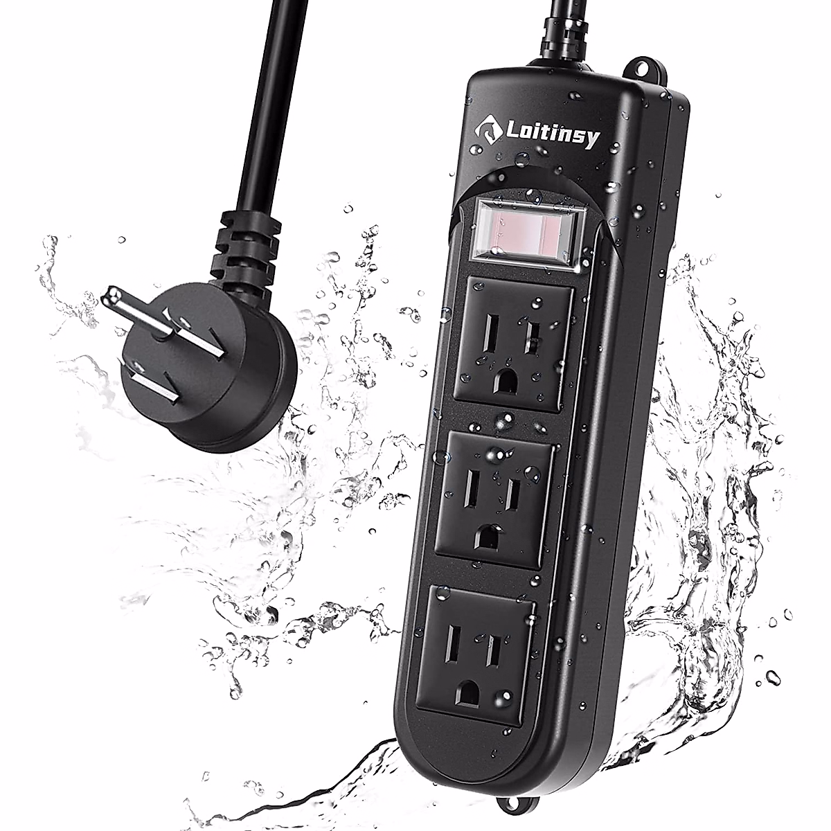 Loitinsy Outdoor Power Strip Weatherproof, Waterproof Flat Plug with 3 Outlets, 6.5 FT Extension Cord, Overload Protection and Shockproof, Suitable for Home and Outside, Wall Mountable, Black