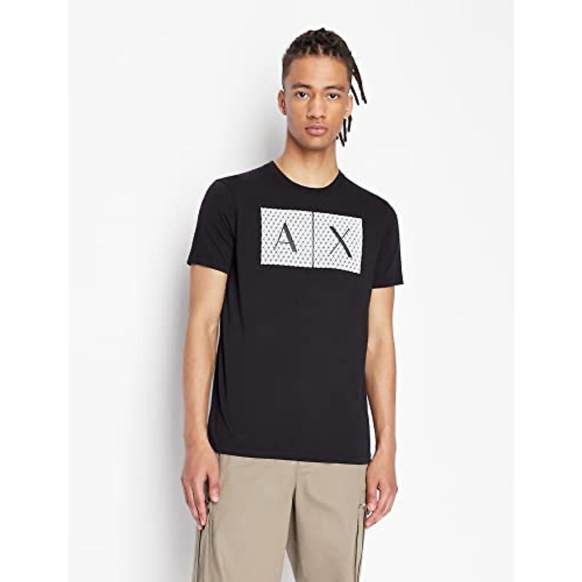A|X ARMANI EXCHANGE mens Crew Neck Logo Tee T Shirt, Grid Logo Black, Small US