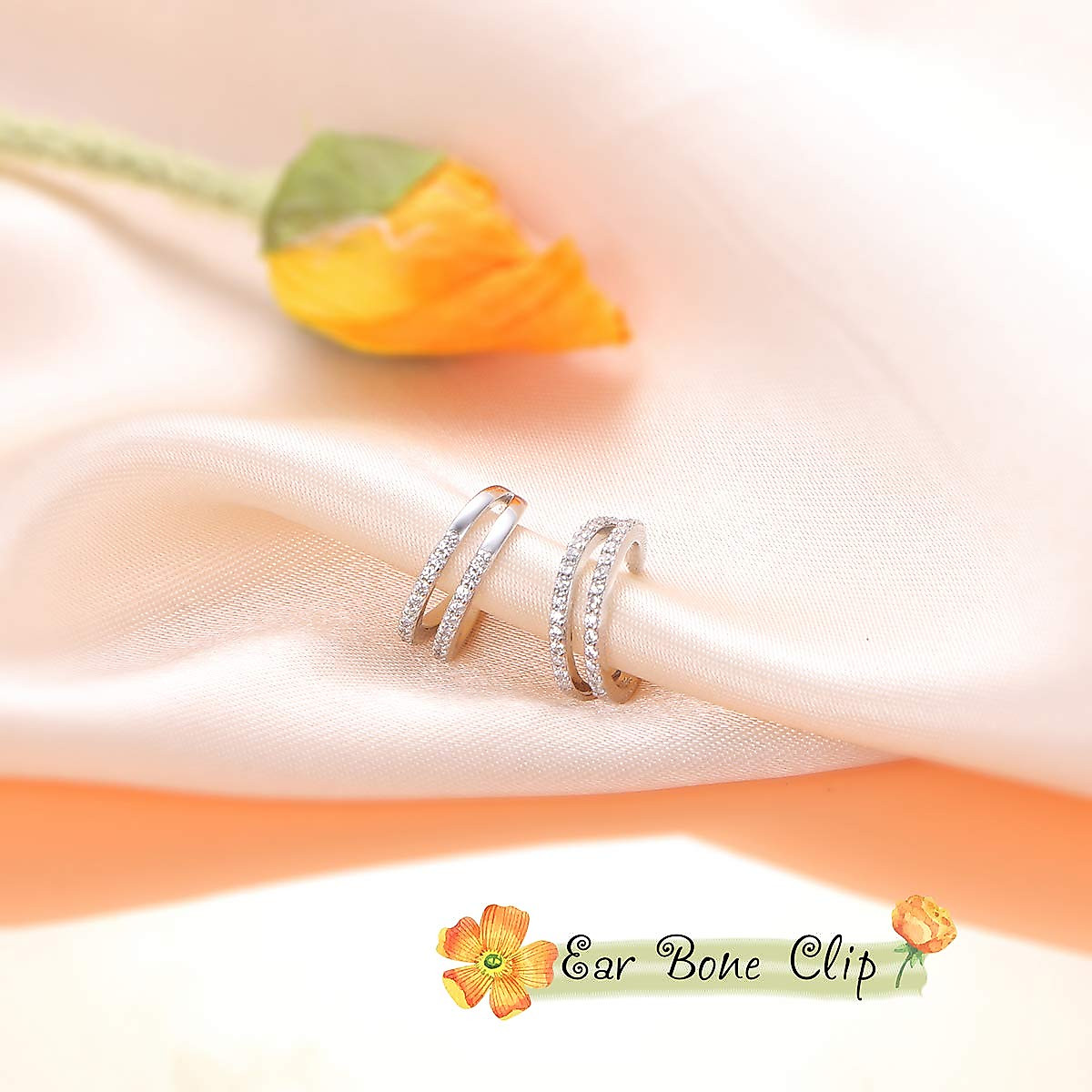 925 Sterling Silver Ear Cuff Non Pierced Cuffs Hoop Huggie Earrings for Women - Set of 2 (Cubic Zirconia V)