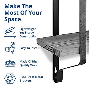 Halter Floating Shelves, 2 Tier Wall Mounted Shelves, Heavy Duty Brackets, Industrial Wood, Mounted, Above Toilet Bathroom Shelves, Bathroom Hanging Shelves with Curved Brackets, Medium, Grey Wood