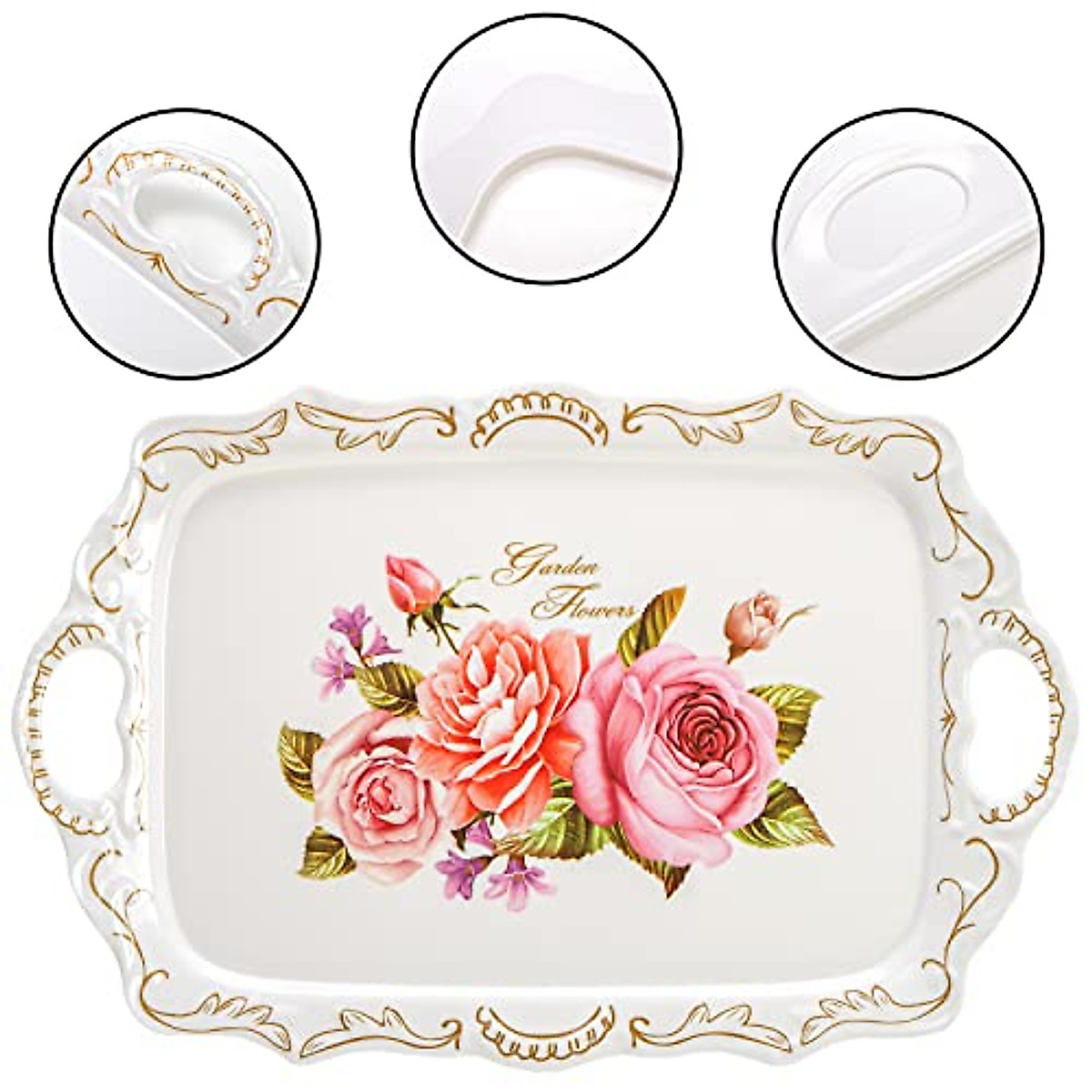 Nicunom 3 Pack Serving Trays with Handles, Melamine Stackable Serving Platter BPA-Free Rectangle Food Tray Set with Flower Pattern for Home, Parties and Restaurants, Safe for Dishwashe