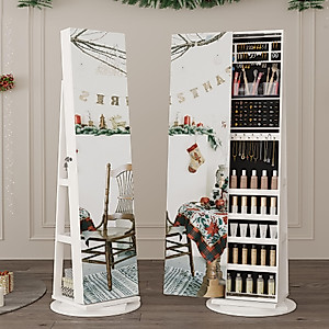LVSOMT 360° Swivel Jewelry Armoire Cabinet, Full Length Mirror with Jewelry Storage, Standing Jewelry Armoire Organizer with Mirror, Rotatable, Large Capacity (White)