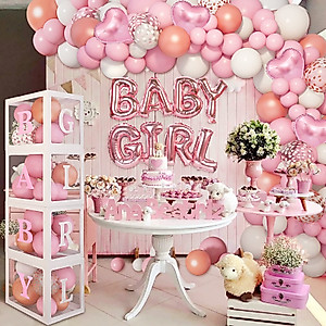 Amandir 143pcs Baby Boxes Pink Baby Shower Decorations for Girl, Rose Gold Pink Balloons Garland Kit Baby Boxes with Letters (A-Z+Baby+Girl) for Baby Shower Girl Birthday Gender Reveal Party Supplies