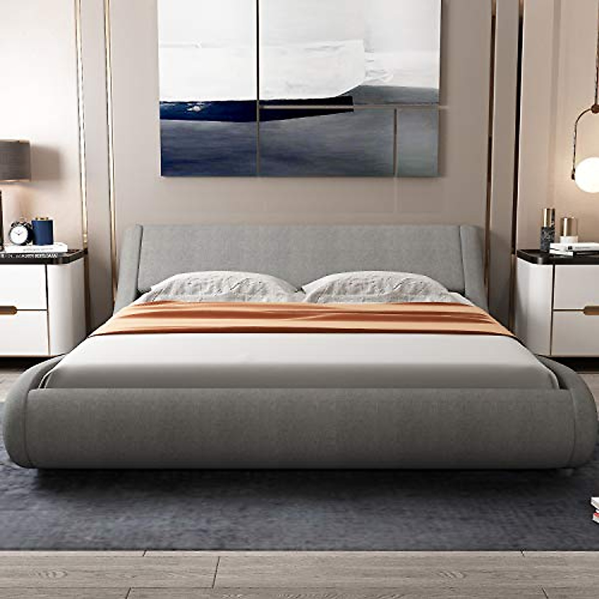 Allewie Queen Size Bed Frame with Curved Adjustable Headboard, 100% Fabric Upholstered Platform Bed, Strong Wooden Slats Support, 10-12'' Mattress Recommended, Grey