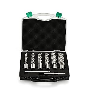 Annular Cutters Set 6pcs JESTUOUS 3/4 Inch Weldon Shank 2 Cutting Depth 7/16 to 1-1/16 Cutting Diameter HSS Slugger Bits for Magnetic Drill Press with 2 Pilot Pins