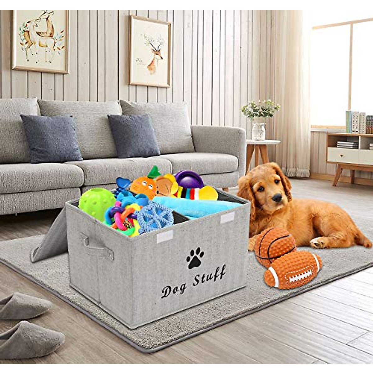 Xbopetda Linen Fabric Box with lid and Handles Foldable Dog Storage Cubes Box,Great for Dog Apparel & Accessories-Striped Gray