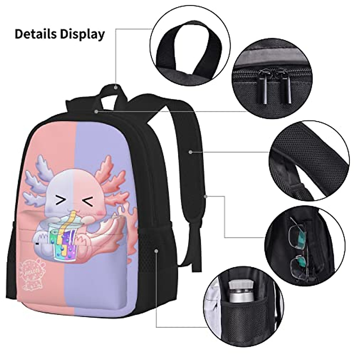 ALOVEUZ Axolotl Backpacks For Teen Boys Girls Lightweight Bookbag Set Daypack With Lunch Bag And Pencil Case, Black 9, One Size