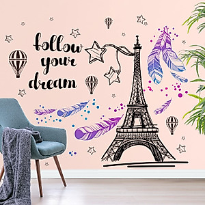 RW-4939 Giant Eiffel Tower Wall Decals Purple Feather Stars Vinyl Wall Stickers DIY Removable Balck Unique Paris Hot Air Balloons Stars Decor for Kids Teens Bedroom Living Room Nursery Decoration