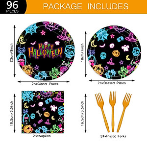 96 Pcs Neon Halloween Party Supplies for 24 Guests Spooky Costume Tableware Plates Napkins Glow Party Dinnerware Table Decorations Happy Halloween Party Favor for Kids Teen Adult