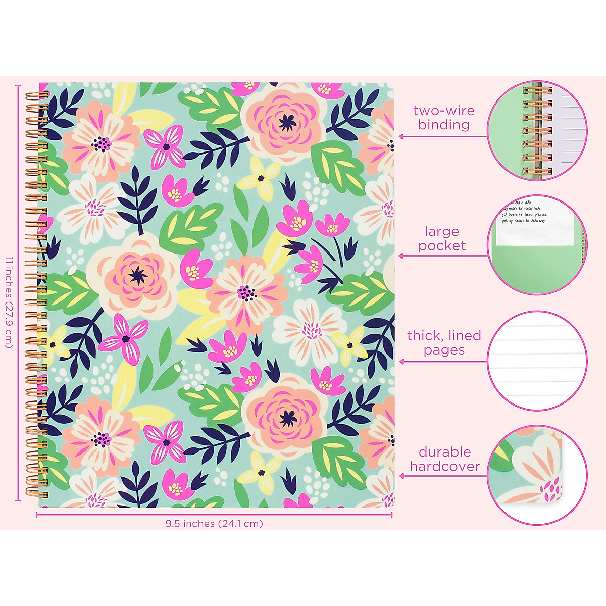 Steel Mill & Co Cute Large Spiral Notebook College Ruled, 11" x 9.5" with Durable Hardcover and 160 Lined Pages, Mint Floral