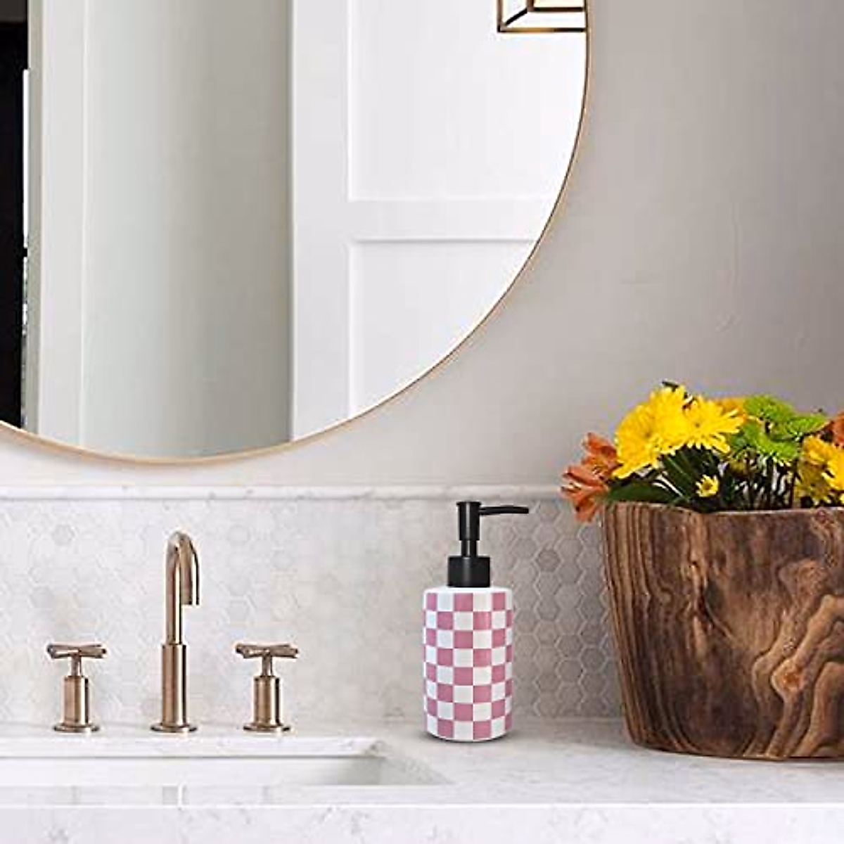 Bathroom Soap Dispenser with Matte Black Pump White Ceramic Soap Dispenser for Kitchen Checkerboard Empty Pump Bottle (Pink)