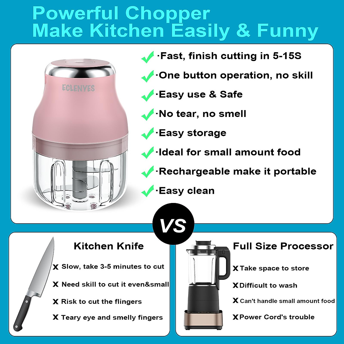 Vegetable Chopper, Electric Garlic Chopper, 250ML USB Rechargeable Mini Chopper, Powerful Small Food Processor, Blender to Vegetable, Wireless Food Chopper for Ginger, Chili, Fruit, Meat, etc（Pink）