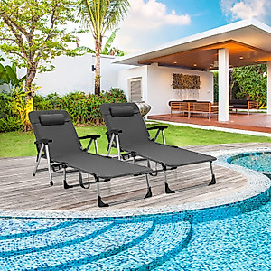 Tangkula Folding Chaise Lounge Chair, Adjustable 7-Position Recliner with Removable Headrest and Cup Holder, Holds 330LBS Weight Capacity, Portable Tri-fold Patio Lounger for Sunbathing (1, Grey)