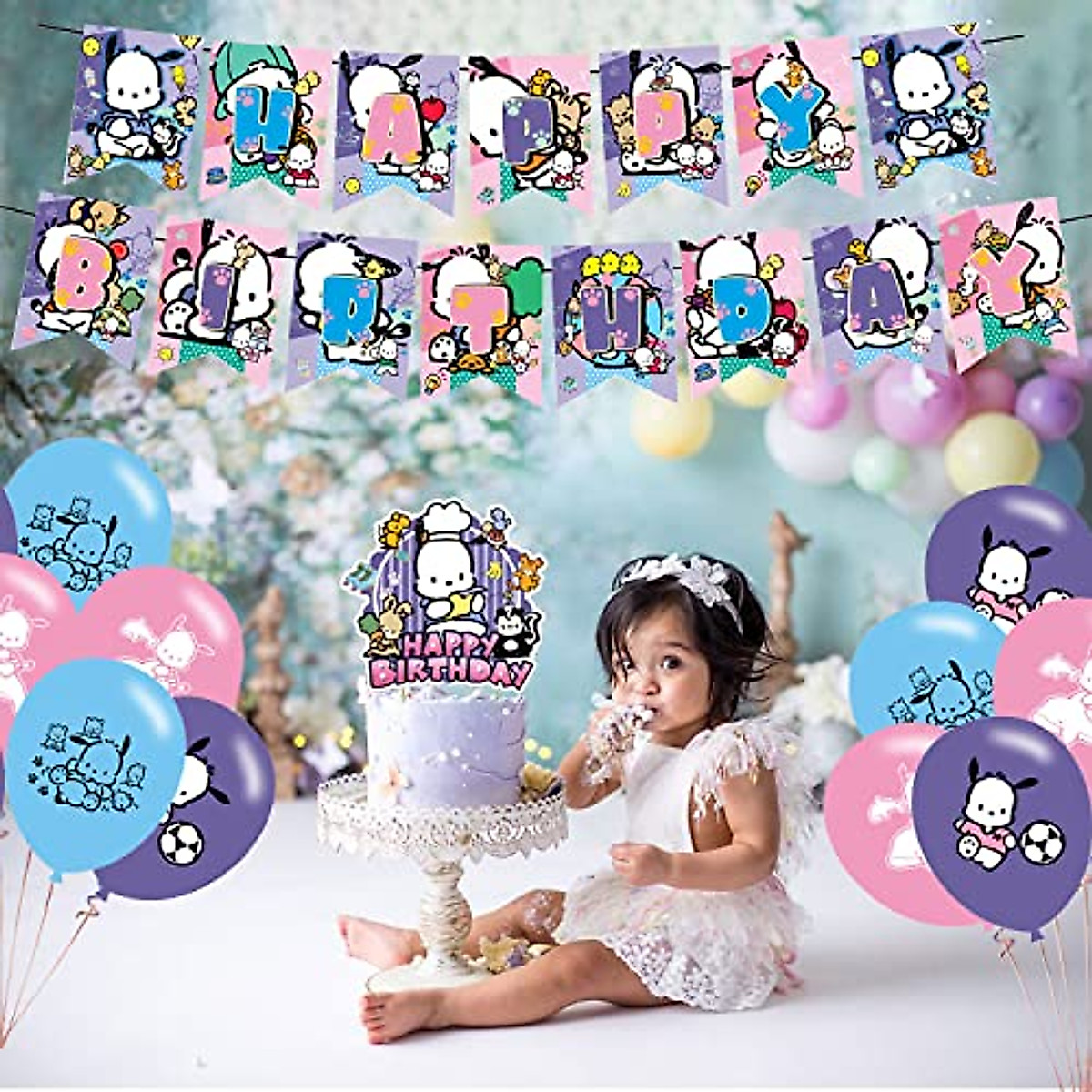 Pochacco Birthday Party Decorations,Pochacco Theme Party Supplies for Kids Adults with Happy Birthday Banner Cake Topper Cupcake Toppers Balloons