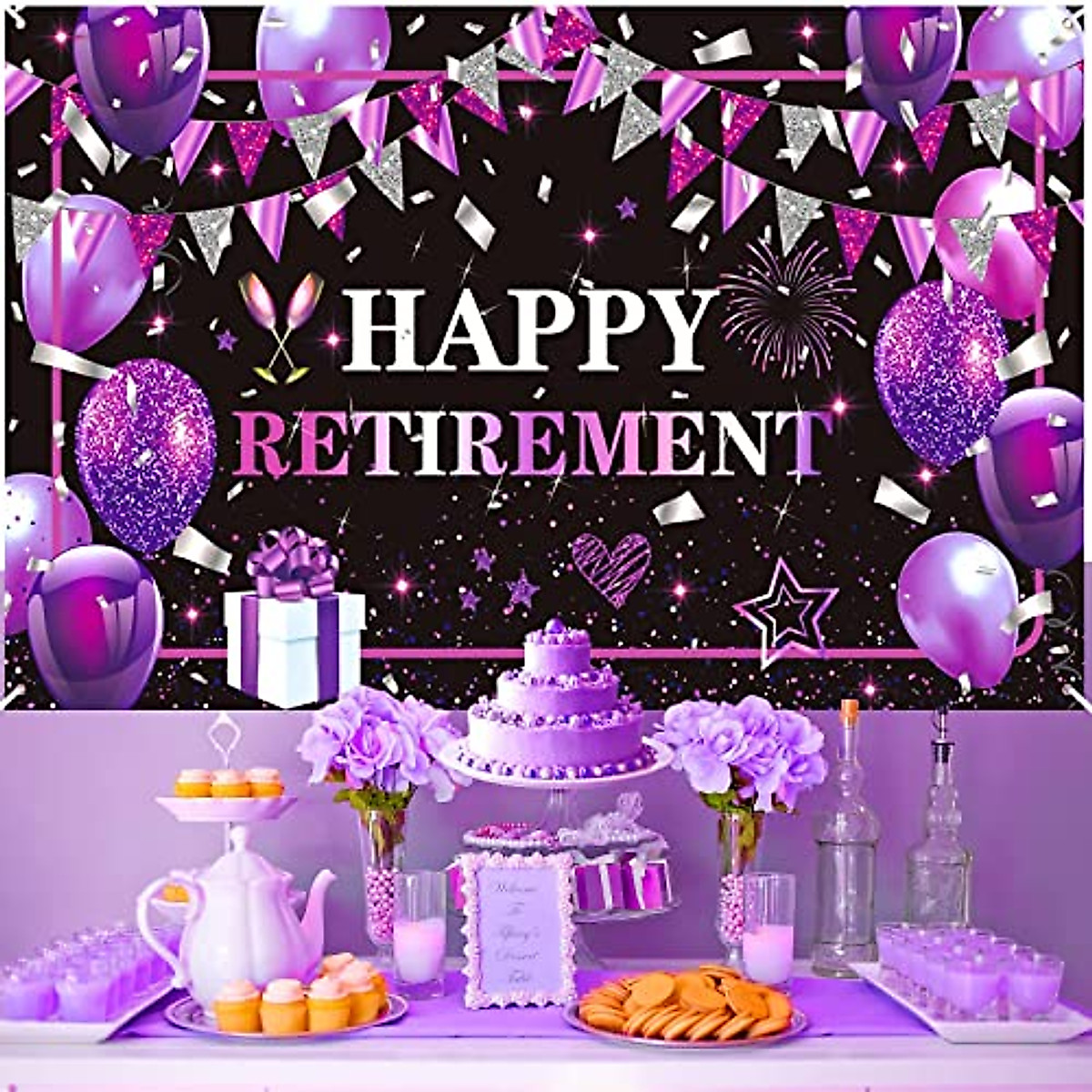 Purple Happy Retirement Banner Decorations Large Purple and Black Retirement Backdrop Sign in Retirement Theme Party Photo Booth Background for Women Men Retirement Office Farewell Party Supplies