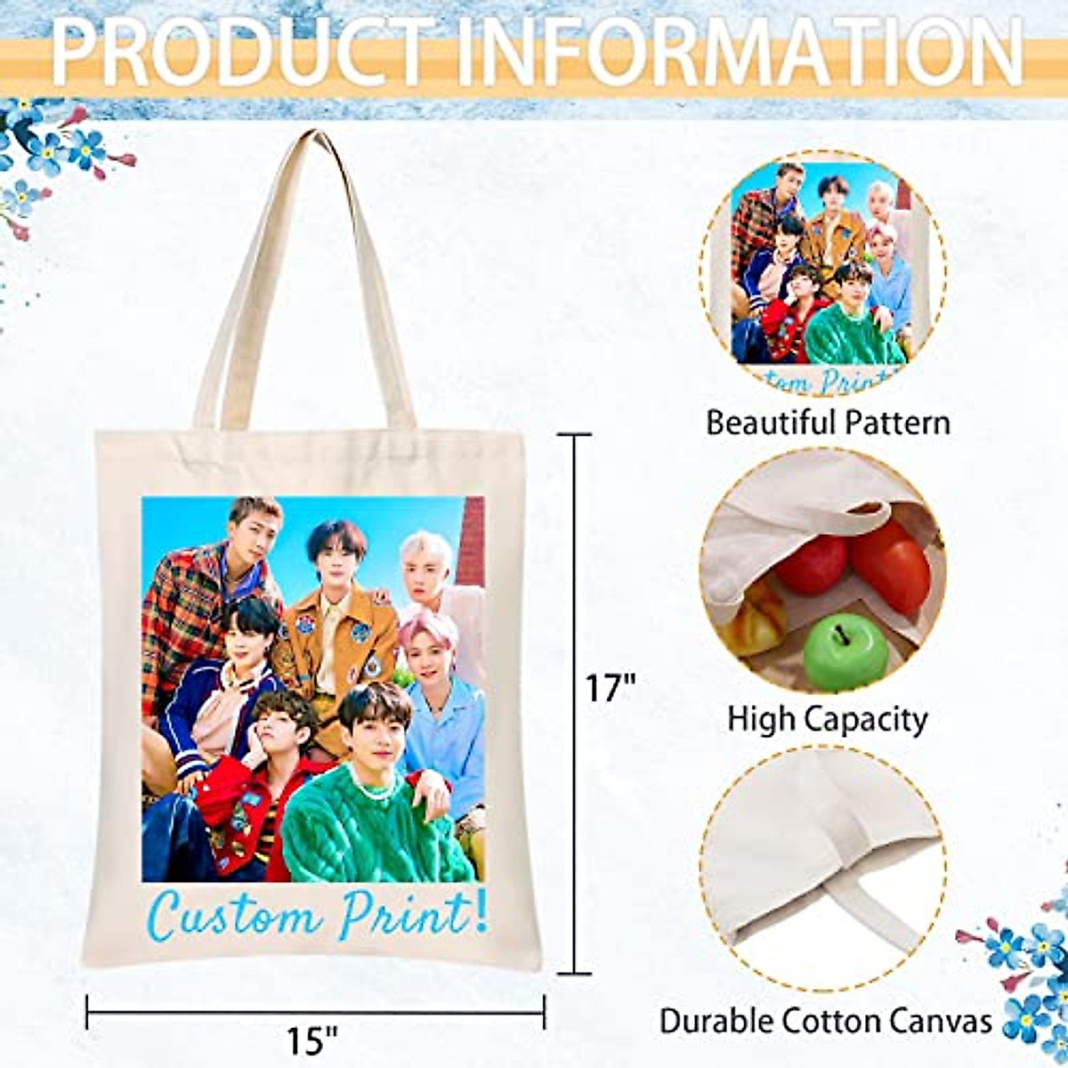 JATEBI Personalized Tote Bag, Canvas Tote Bag With Customizable Pictures and Text double sided, Reusable Grocery Bag,Shopping Bags for Daily Use Gifts…