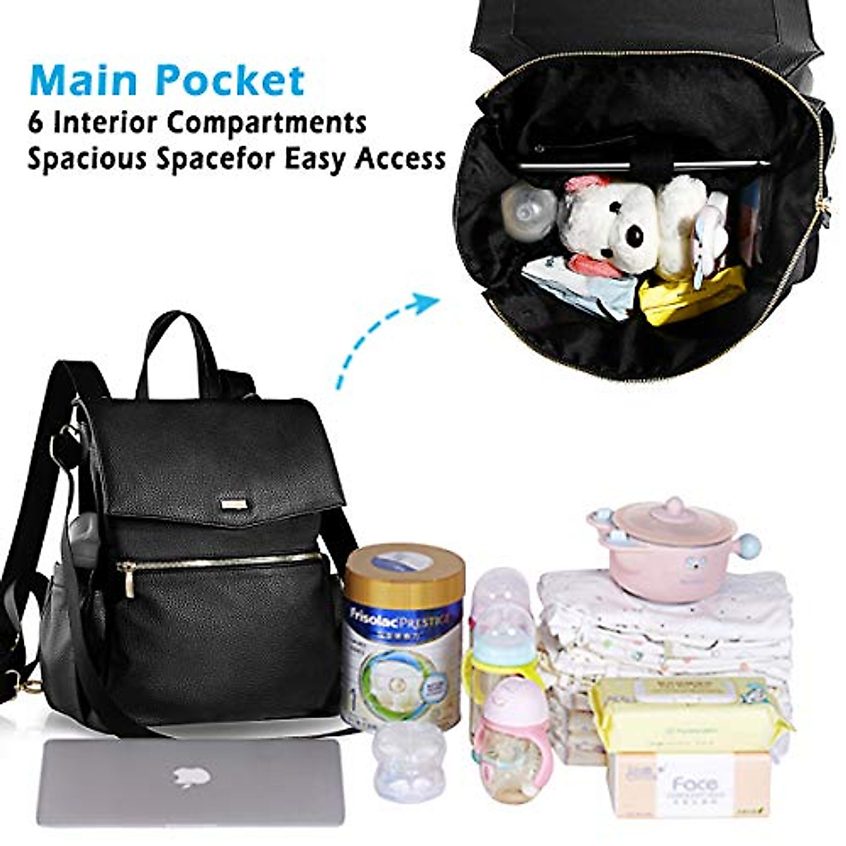 LANDICI Diaper Bag Backpack for Mom,Multifunction Leather Maternity Baby Changing Bag with Stroller Straps,Wipes Pouch,Diaper Bag Organizer,Fashion Diaper Bag Tote for Women,Black