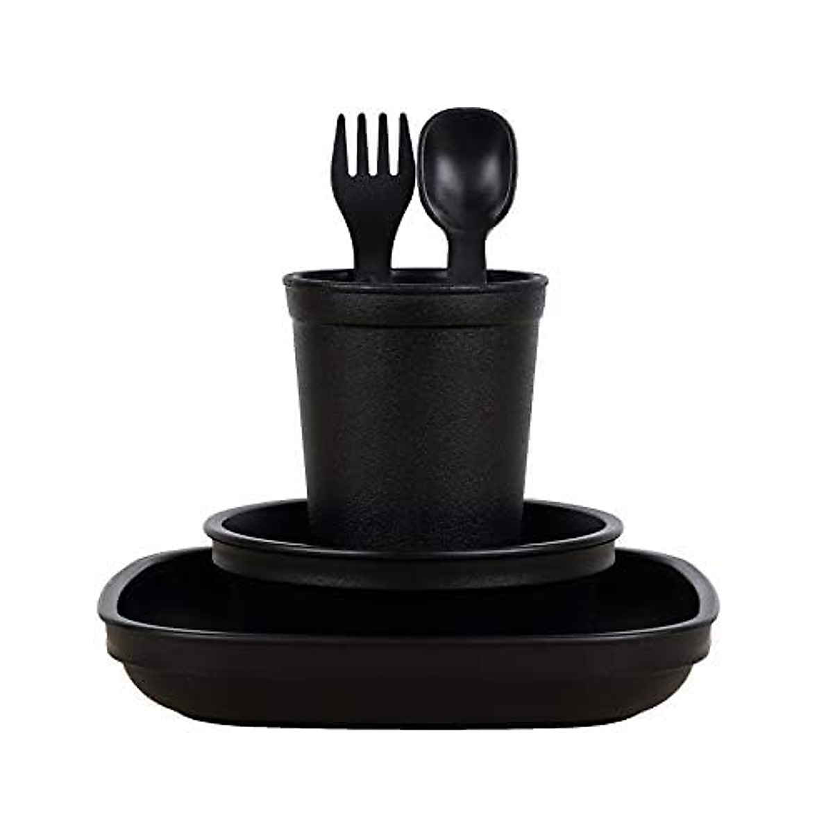 Re-Play Made in USA Toddler Dinnerware Set - 10 oz. Open Cup, 7" Flat Plate, 12 Oz. Bowl, Rounded Tip Fork and Deep Scoop Spoon - Dishwasher/Microwave Safe Plastic Dinnerware Set - Black
