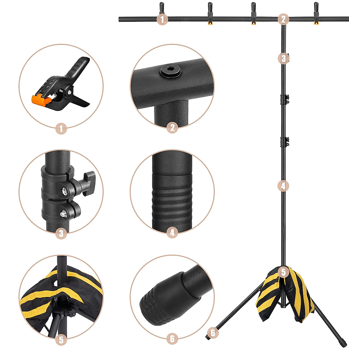 8x5ft T-Shape Backdrop Stand, Adjustable Background Support Stand Kit, Portable Photo Banner Holder with 6 Spring Clamps, Sandbag, Carry Bag for Party, Wedding, Photography and Decoration