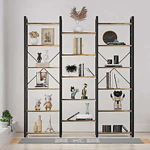 oneinmil Triple Wide 6-Tier Bookshelf, Industrial Display Bookshelf, Wood and Metal Etagere Bookcase for Bedroom,Living Room，Office, Brown