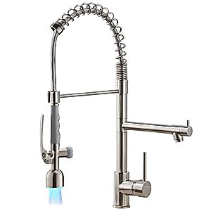 Fapully Commercial Single Handle Pull Down Sprayer Brushed Nickel Kitchen Faucet, Kitchen Sink Faucet with LED Light