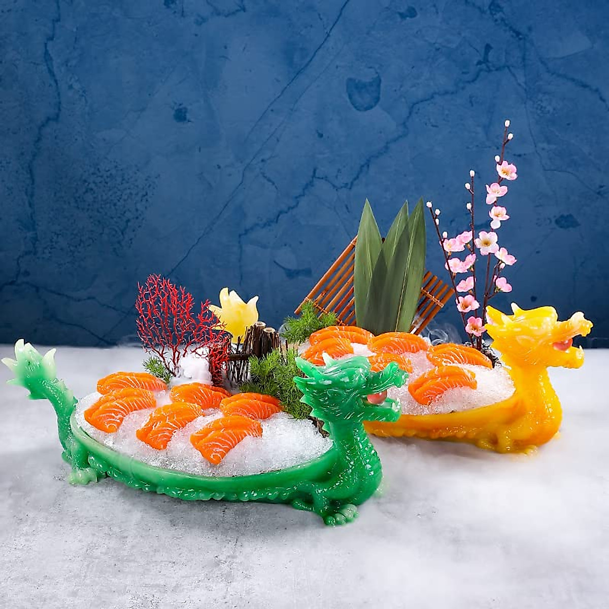 2 PCS Resin Dragon Sushi Boat Serving Tray Set, 21.3Inch Seafood Plate, Japanese Food Tableware, Salmon Platter, Dry Ice Plate, Large Sushi Boat Plate for Sashimi Board Seafood Party, Gold/Green