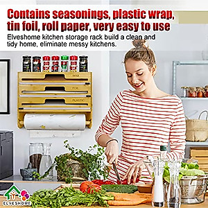 Foil and Plastic Wrap Organizer, Paper Towel Holder Wall Mount, 5 in 1 Plastic Wrap Food Dispenser with Cutter for 12" Wax Paper Parchment Roll Aluminum Foil Dispenser for Kitchen Organization Storage