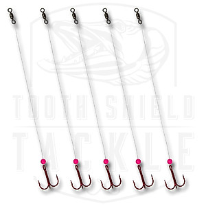 Tooth Shield Tackle Ice Fishing Fluorocarbon Walleye Tip Up Leader/Rig (15 lb) Ice Fishing Walleye Predator Rig (5 Pack) [Pink Bead] (#6)