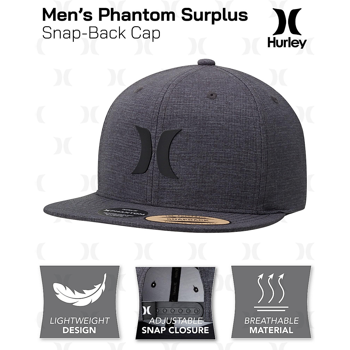 Hurley Men’s Hat – Lightweight Phantom Core Snap-Back Baseball Cap, One Size, Black