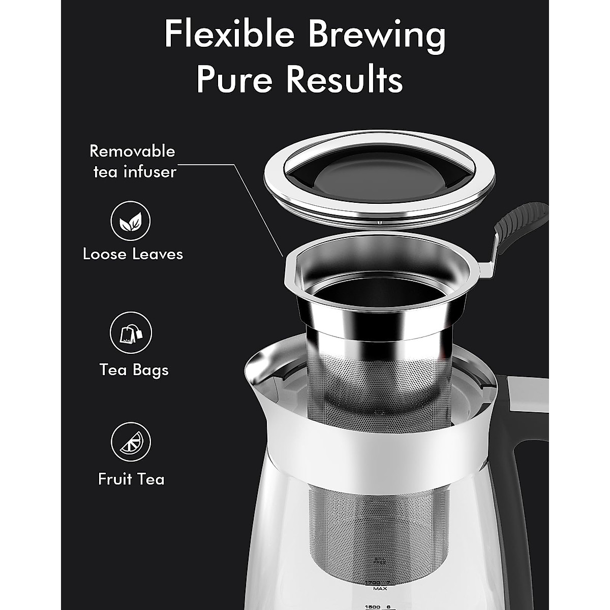 LONGDEEM Electric Glass Tea Kettle with Infuser, 1.7L Fast Boiling, Stainless Steel, Temperature Control Tea Maker, Non-BPA - Easy Lid Removal & Keep Warm Feature, White