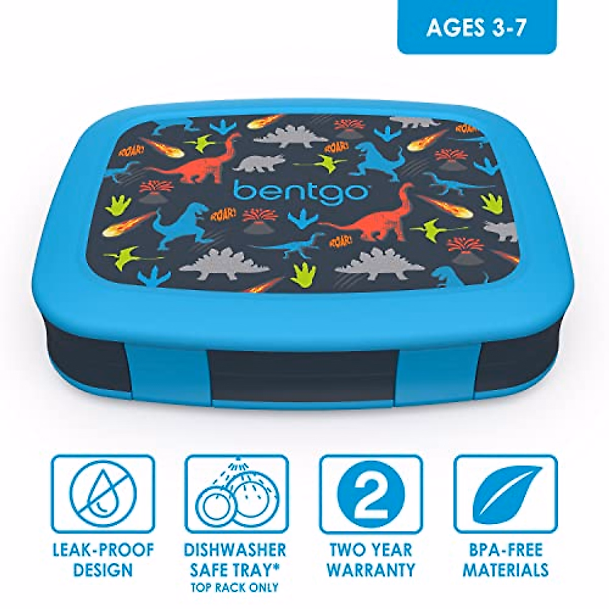 Bentgo® Kids Prints Leak-Proof, 5-Compartment Bento-Style Kids Lunch Box - Ideal Portion Sizes for Ages 3 to 7 - BPA-Free, Dishwasher Safe, Food-Safe Materials (Dinosaur)