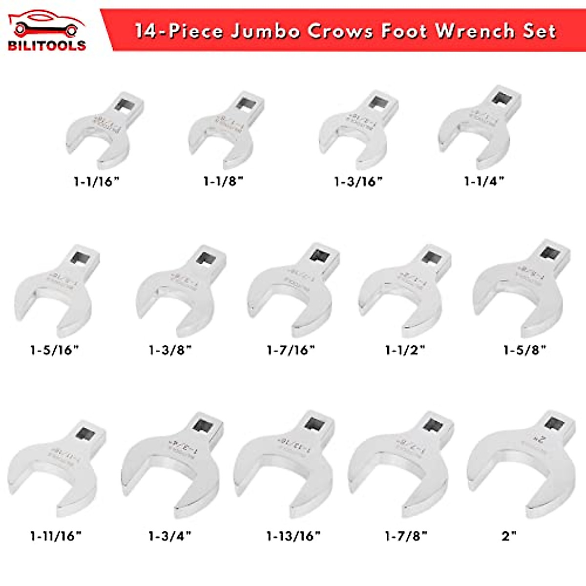 BILITOOLS 14-Piece Jumbo Crows Foot Wrench Set, 1/2" Drive Big Crowfoot Wrench, SAE, 1-1/16" - 2" mm, CR-V Steel