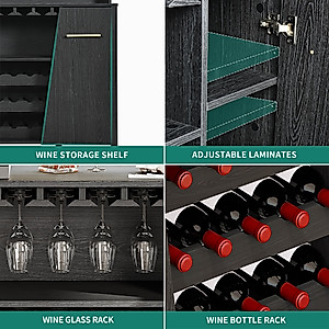 DWVO Bar Cabinet with LED Lights, 47'' Sideboard Buffet Coffee Bar Cabinet with Wine Rack and Glass Holder, Liquor Cabinet with Adjustable Shelf for Living Room, Kitchen, Dining Room, Black