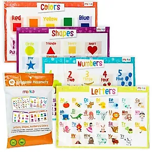 merka Disposable Placemats for Baby and Toddlers 12" x 18", 40 Pack Stick-on Table Mats for Restaurants, Includes Shapes, Numbers, Letter & Colors