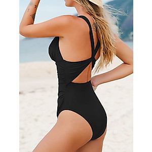 CUPSHE Women One Piece Swimsuit Deep V Neck Tummy Control Ruched V Back Classic Bathing Suits S Black