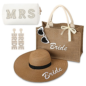 Silkfly 6 Pcs Bridal Shower Gifts Set Summer Bachelorette Party Accessories Bride Beach Bag Sun Hat Heart Sunglasses Rhinestone Bride Earrings MRS Cosmetic Bag for Beach Bride Wifey Wedding Gifts