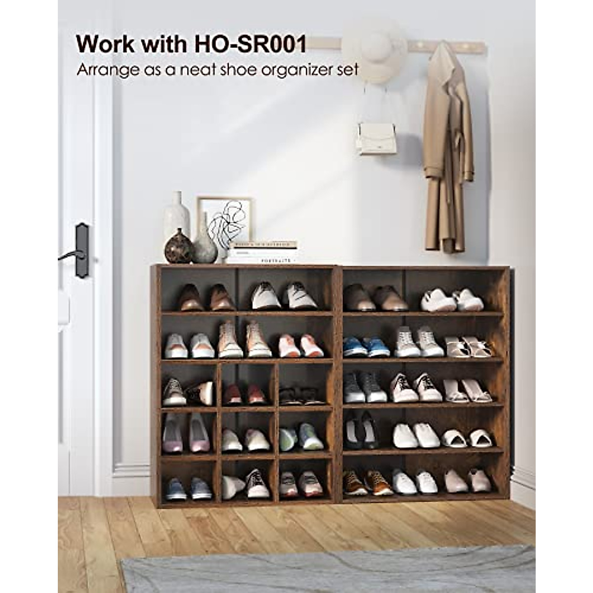 HAIOOU Shoe Cubby, 9-Cube Stackable Wood Shoe Rack Organizer 5-Tier Freestanding Wooden Shoe Stand with 2 Storage Shelf for 10-15 Pairs, Ideal for Apartment Entryway Closet Organization - Rustic Brown